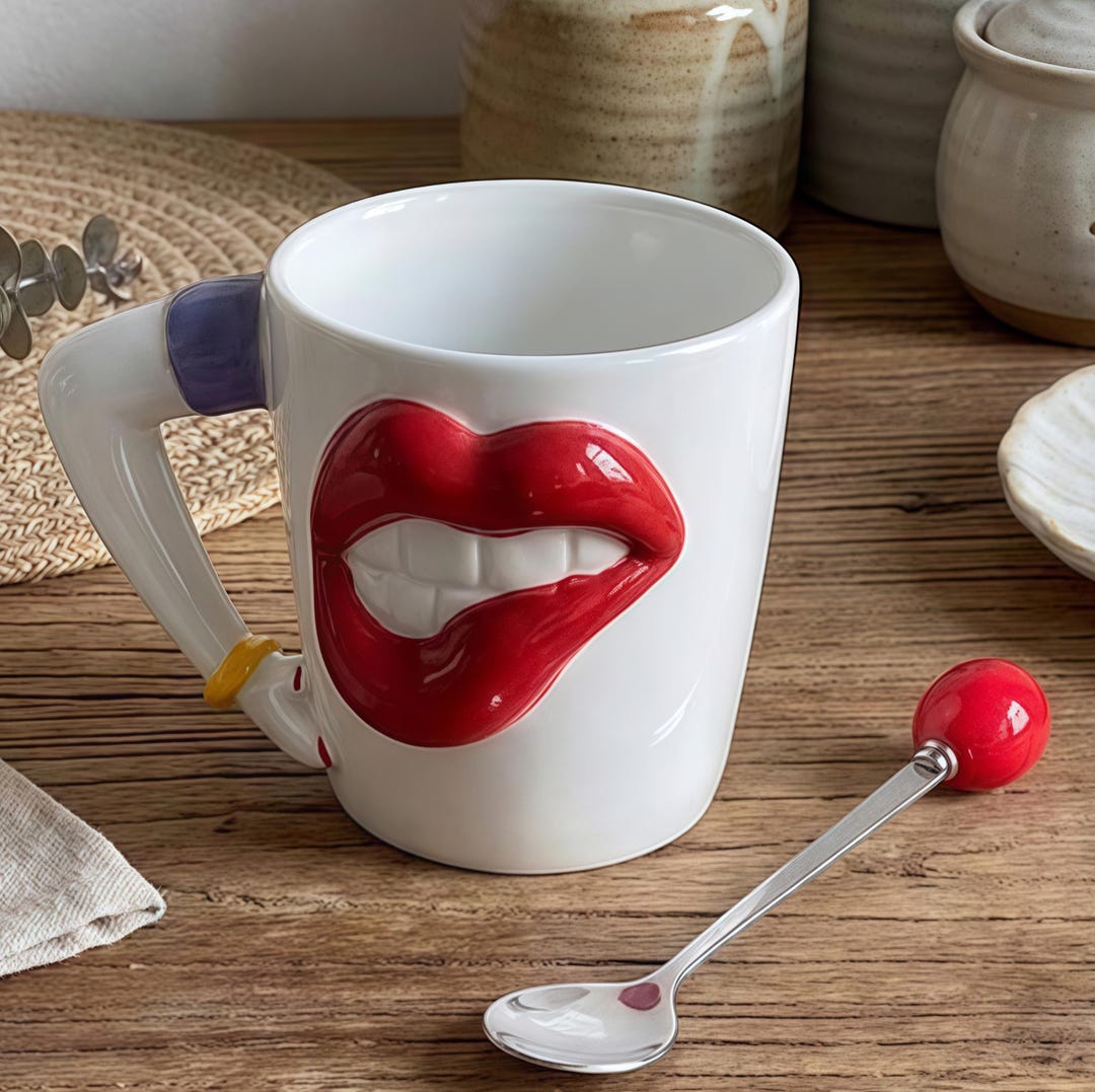 Fun 3D Lip-shaped Ceramic Mug With Spoon, 10oz, Unique Shape, Arm ...