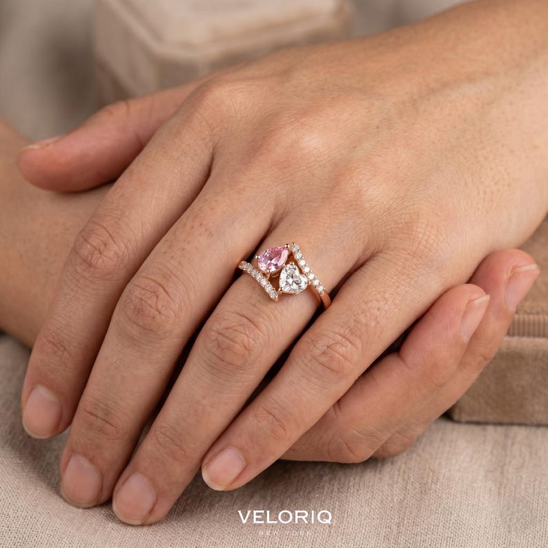 Toi Et Moi Ring, Pink Pear & White Heart Lab Diamonds, Two Stone, 925 ...