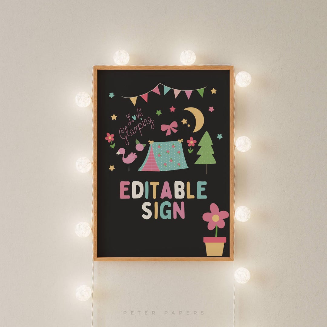 Editable Glamping Tent Editable Sign, Preppy Pastel Camp Party, Any Age ...