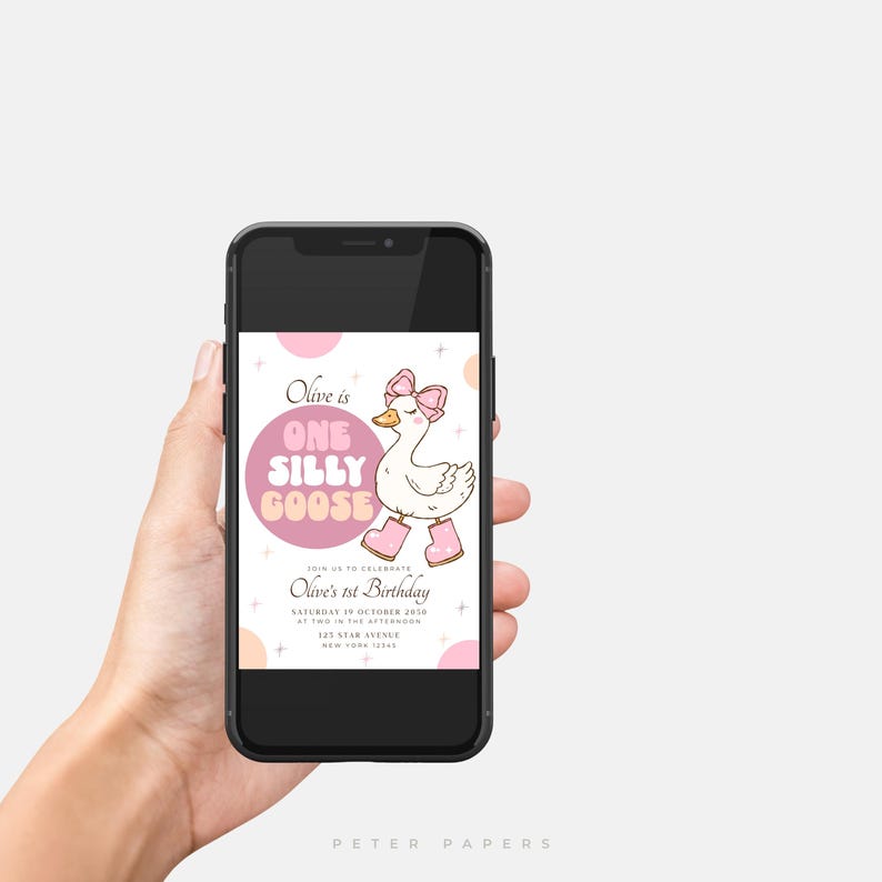 Editable One Silly Goose Birthday Invitation, Trendy Pink Girl Goose ...