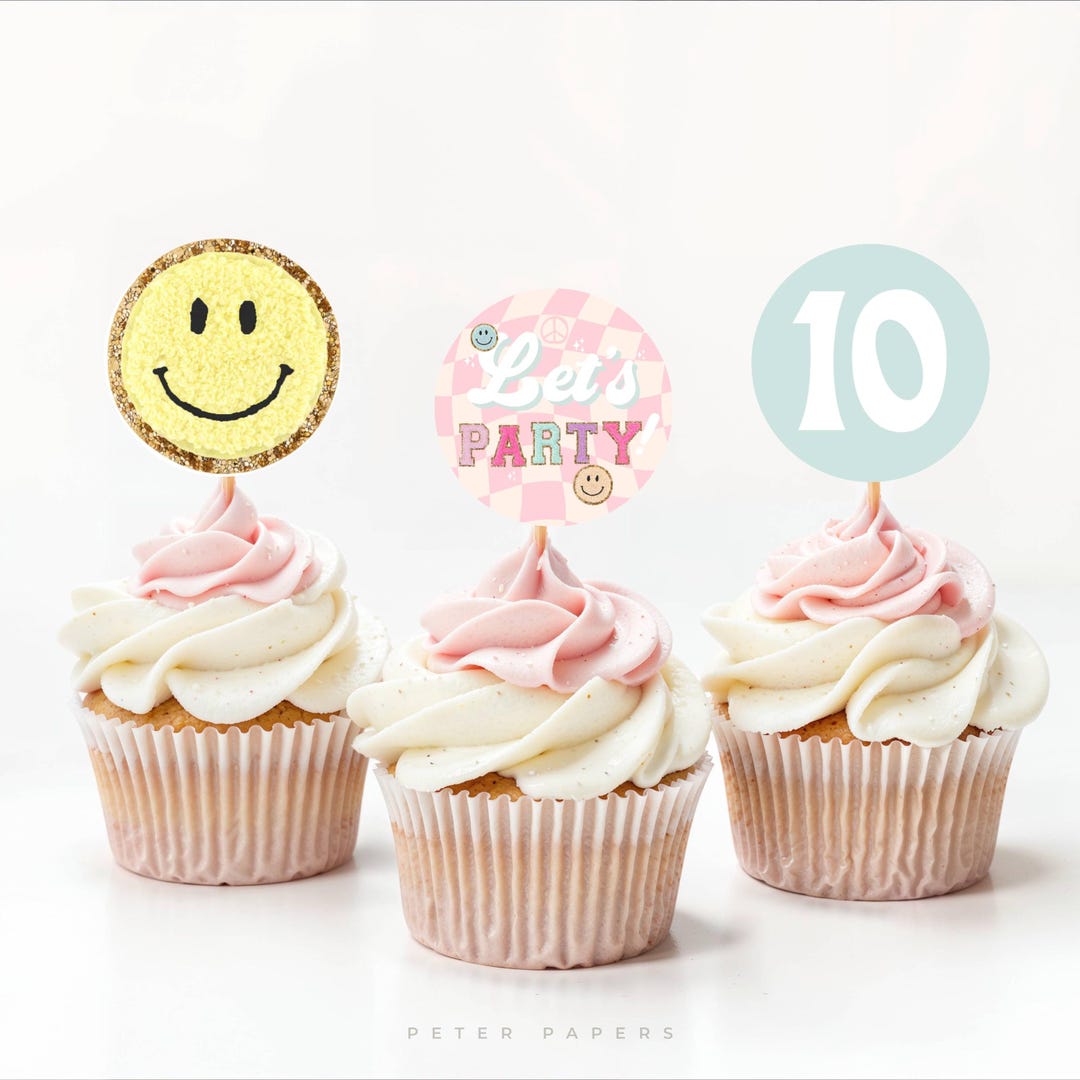 Editable Let's Party Birthday Cake Topper, Chenille Retro Smiley Face ...