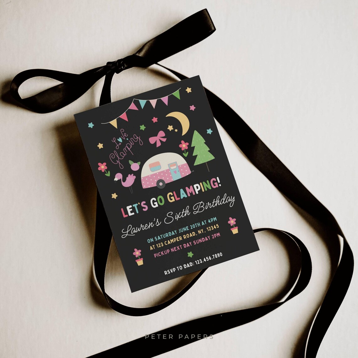 Editable Glamping Camper Van Birthday Invitation, Preppy Pastel Camp ...