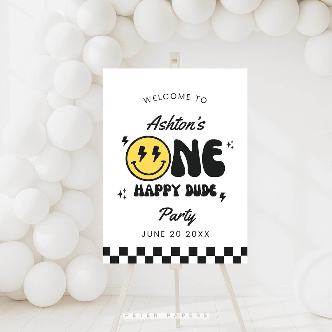 Editable One Happy Dude Welcome Sign, Rad Checkered Print, Retro Smiley ...