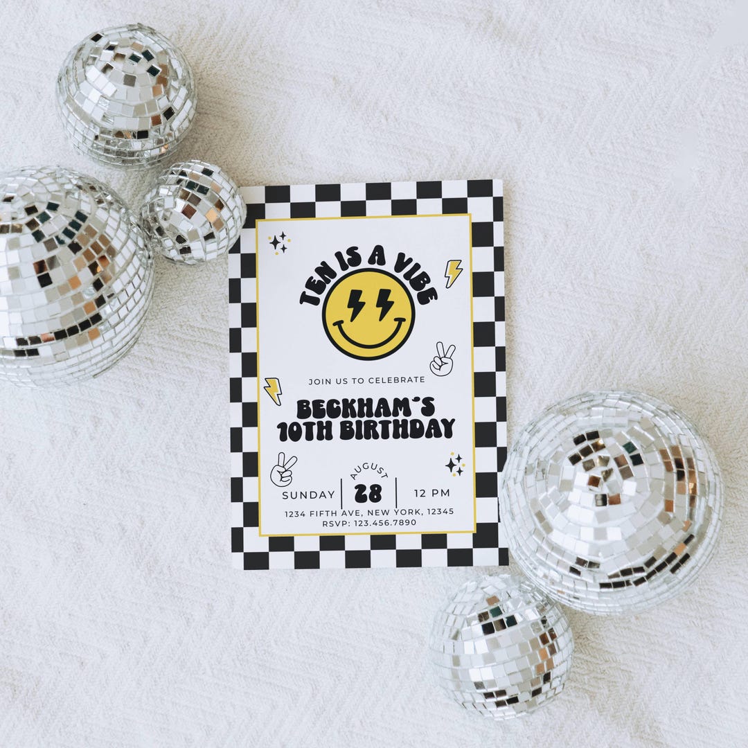 Editable Any Age - A Vibe Birthday Party Invitation, Retro Smiley Face ...