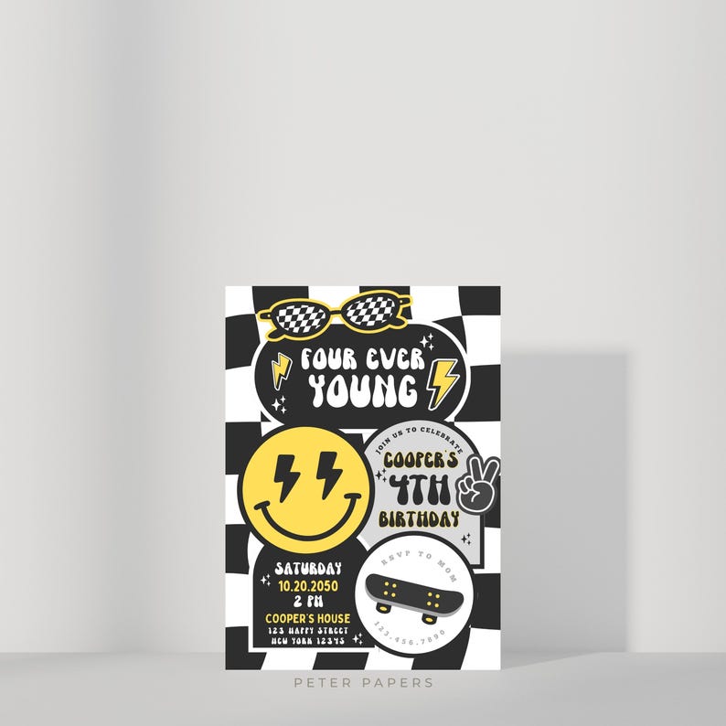 Editable Four Ever Young Birthday Party Invitation, Rad Checkered Print ...