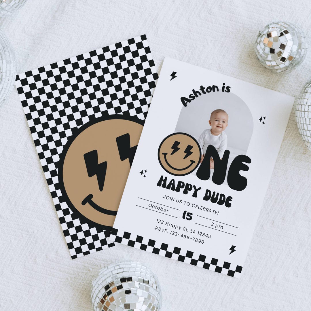 Editable One Happy Dude Birthday Invitation, Rad Checkered Print, Retro ...