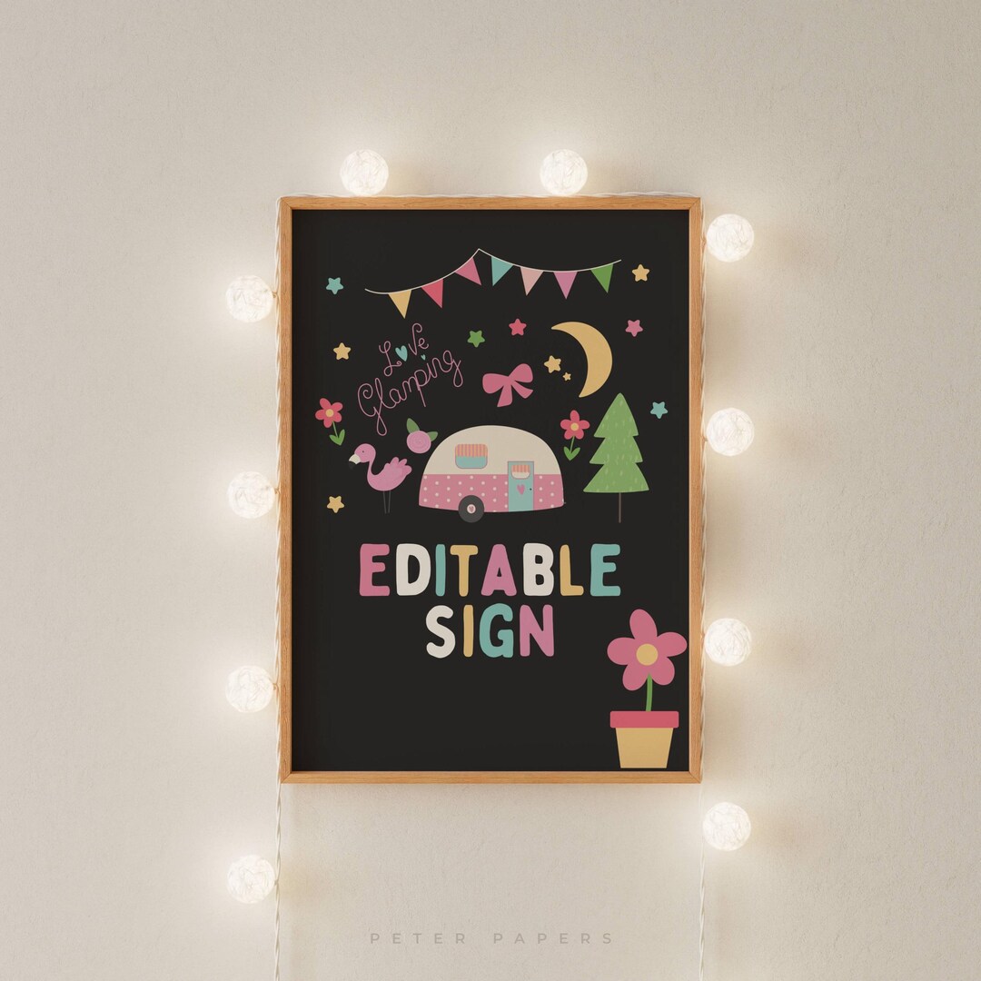 Editable Glamping Camper Van Editable Sign, Preppy Pastel Camp Party ...