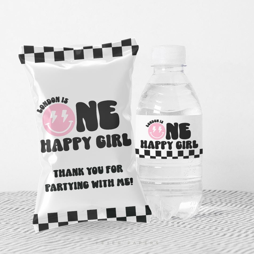 Editable One Happy Girl Chip Bag Wrapper Party Favor, Water Bottle ...