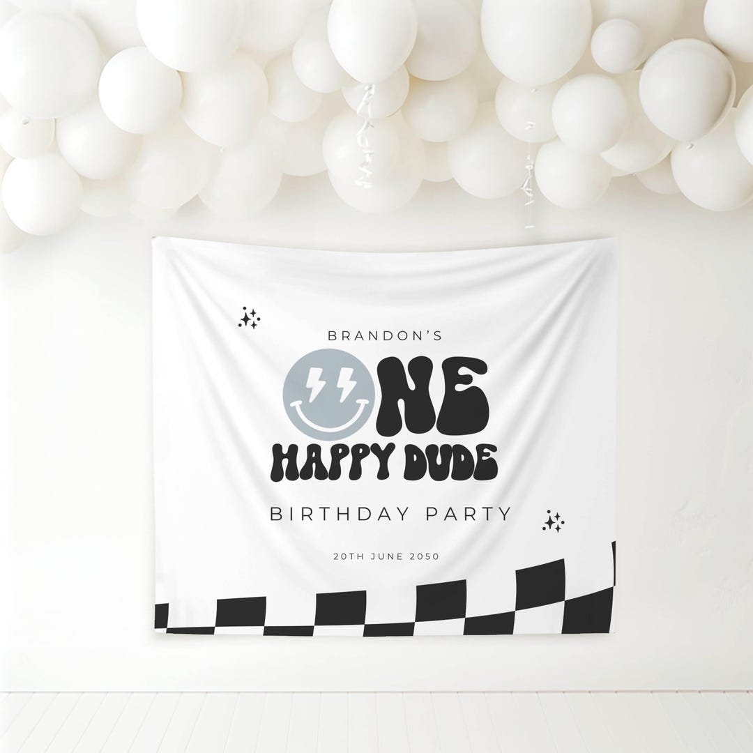 Editable One Happy Dude Backdrop Tapestry Banner, Rad Checkered Print ...