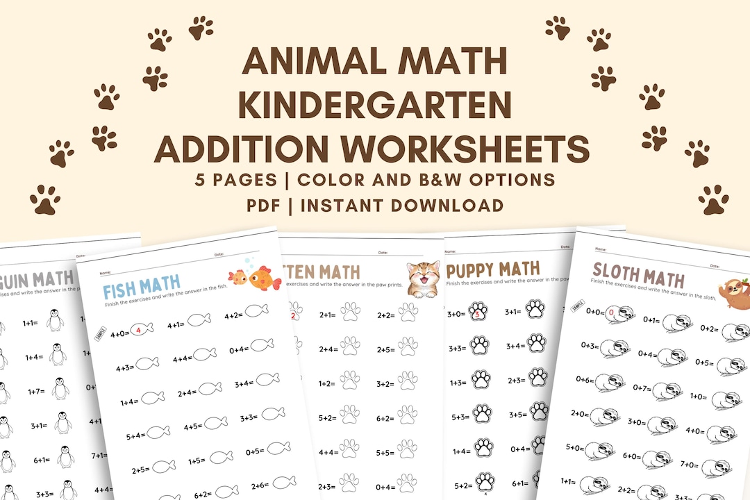Kindergarten Addition Worksheet Animal Theme Math Activity Printable ...