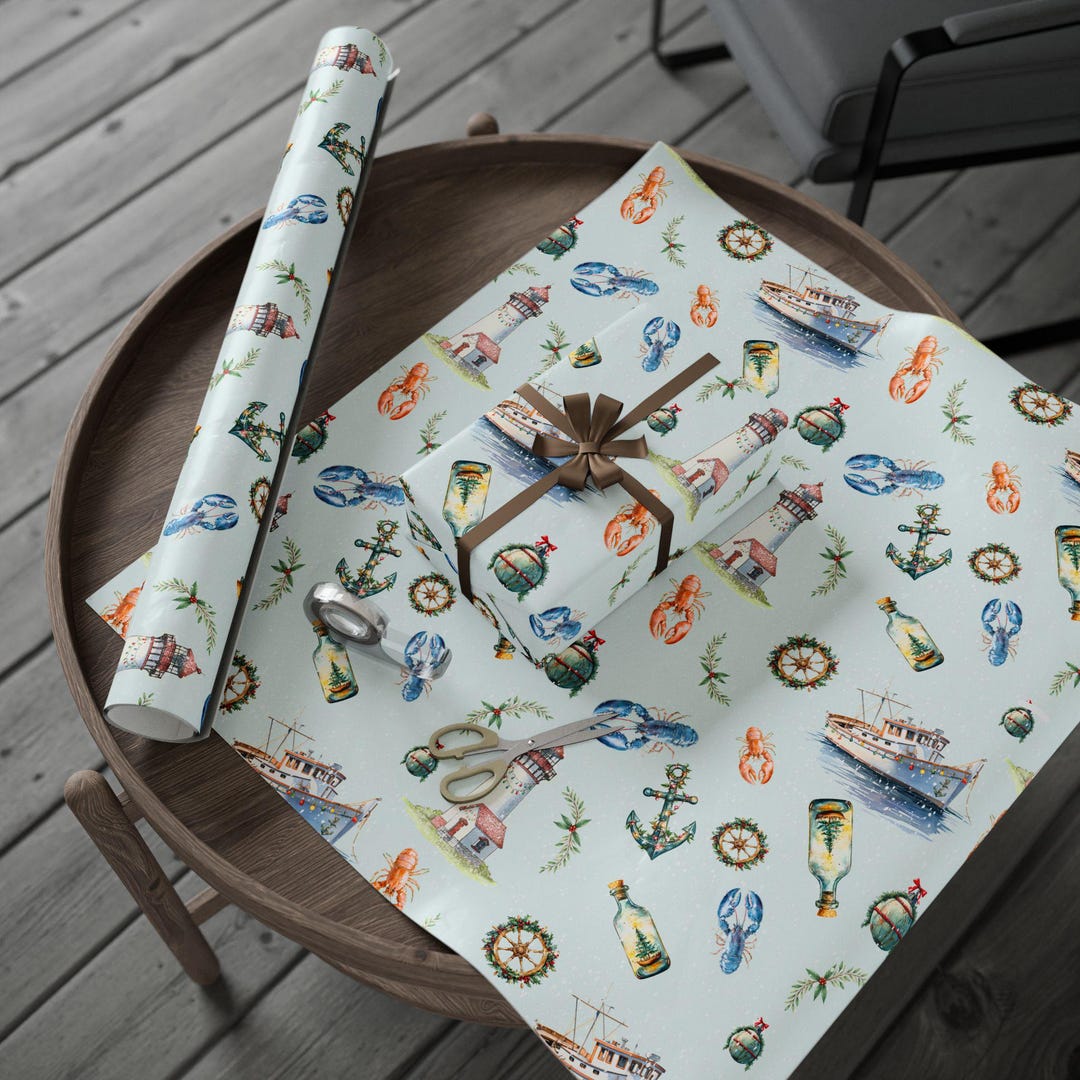 Coastal Christmas Wrapping Paper: Lobster, Lighthouse Nautical Design ...