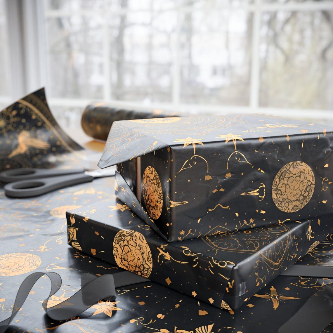 Celestial Wrapping Paper Roll, Black and Gold Cosmic Design - Etsy