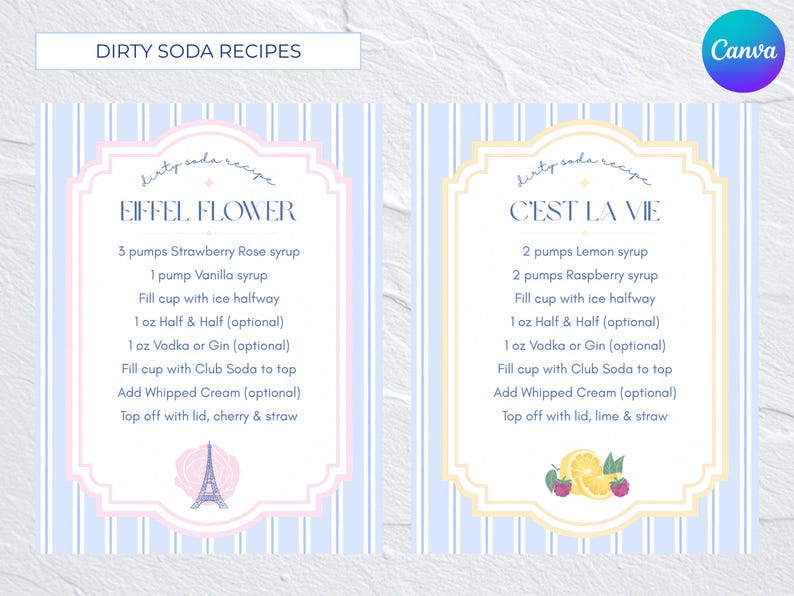 Dirty Soda Bar Menu & Recipes 8.5x11 French Cafe Stripes Canva ...