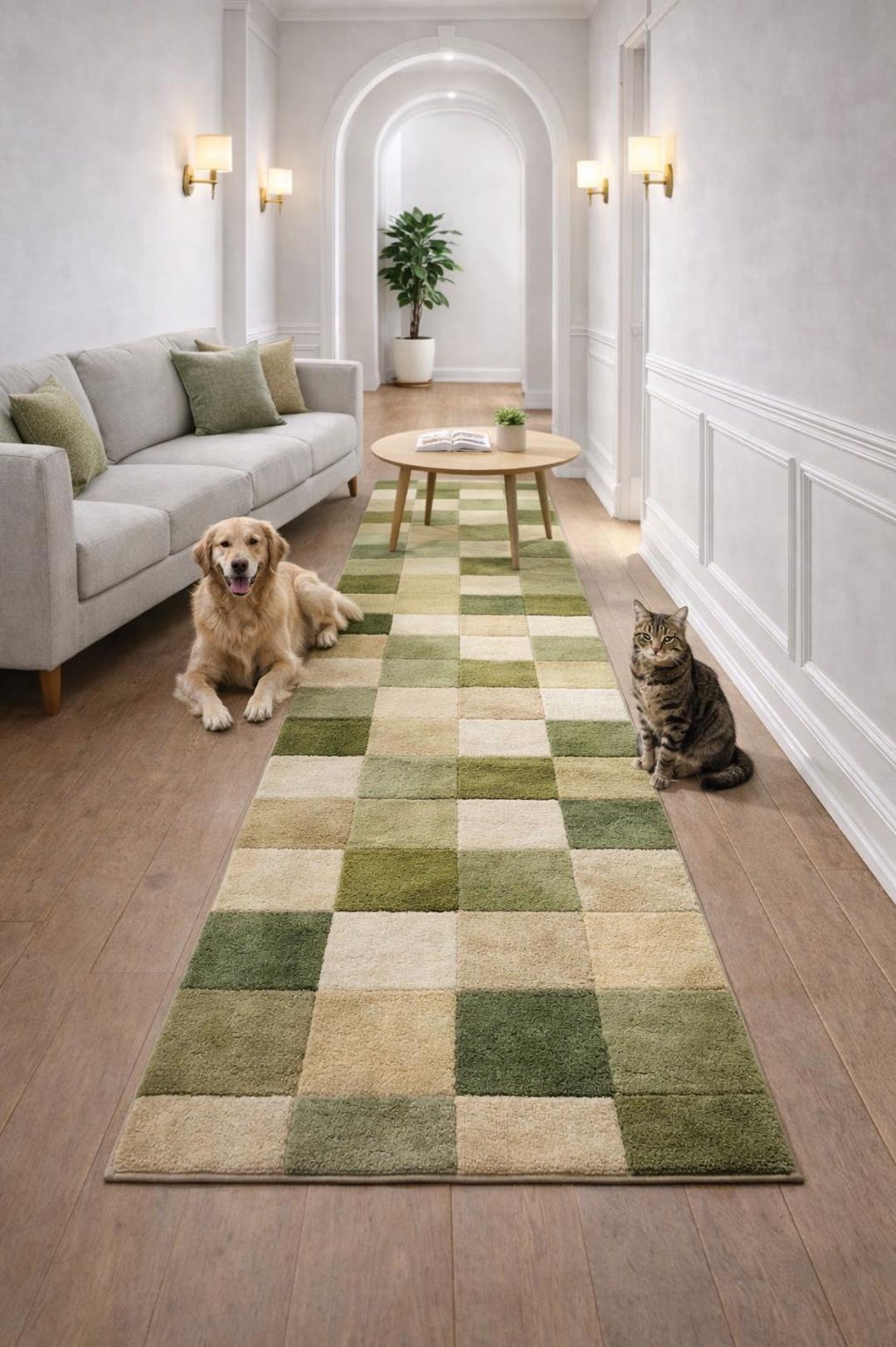 Modern Sage Green Checkered-runner Rug Hand-tufted Wool Style Plush ...