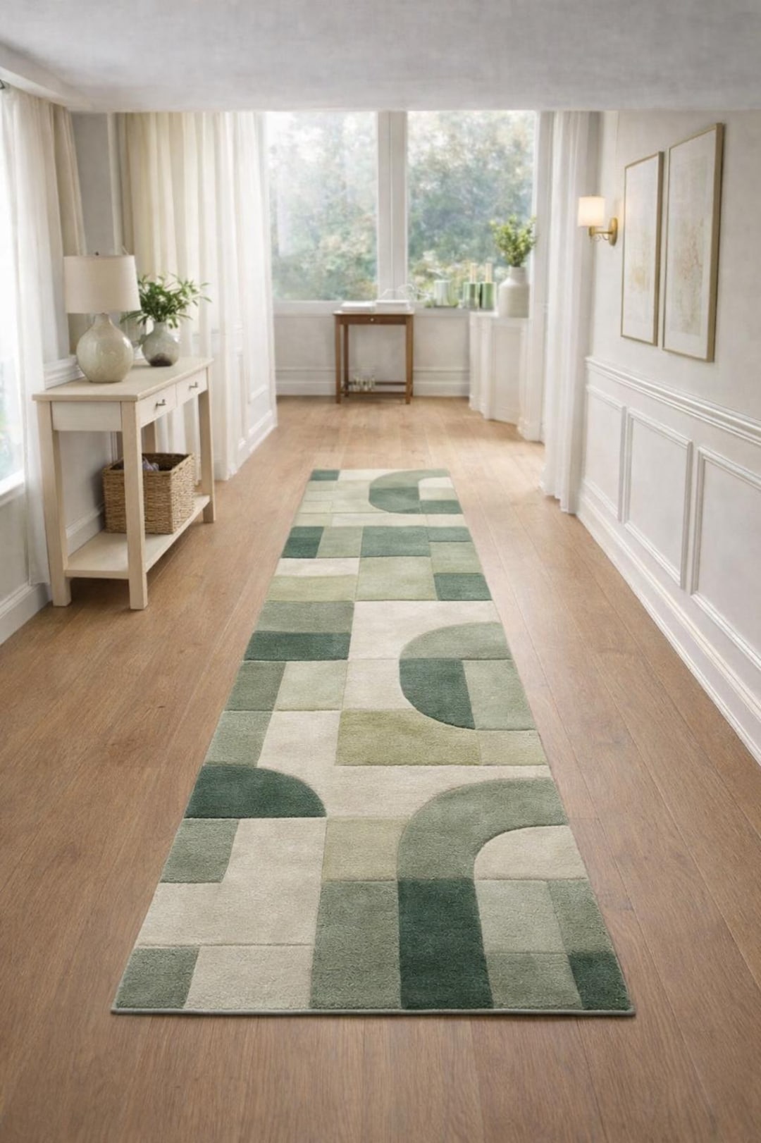 Sage Green Modern Runner Rug for Hallway, Mid Century Geometric Area ...