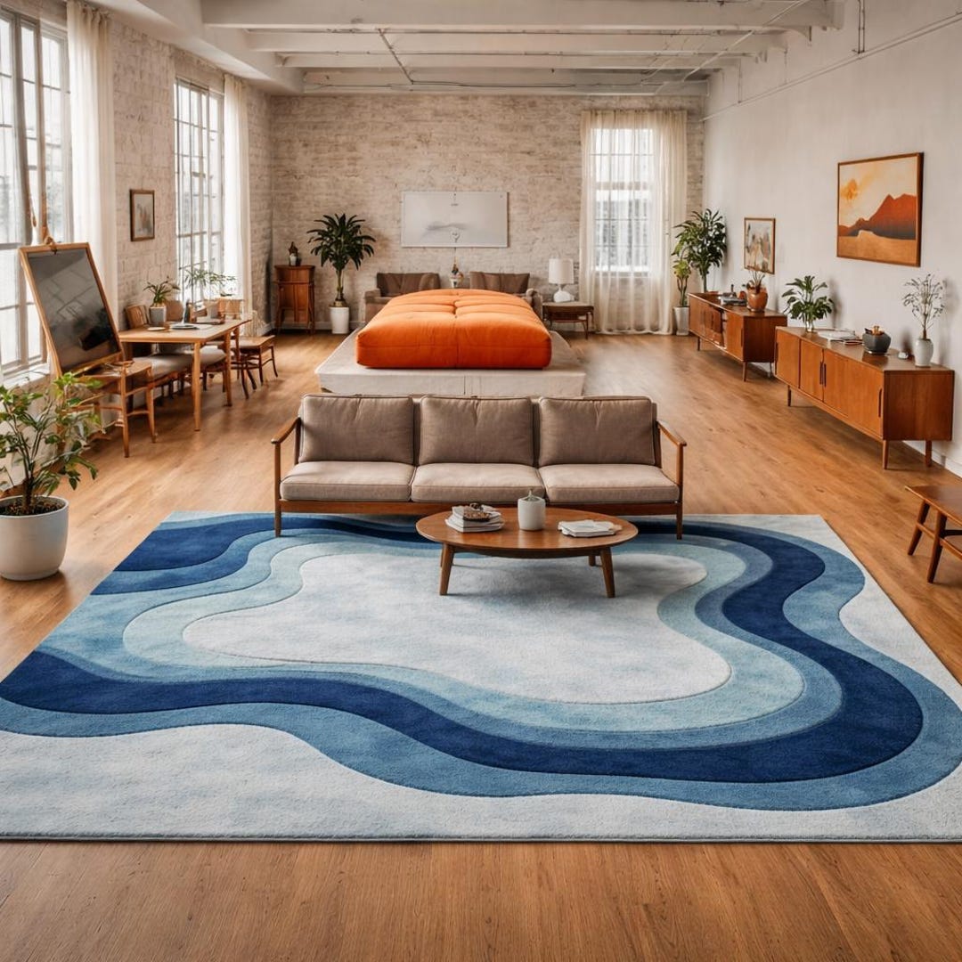 Abstract Blue Wave Rug, Modern Wavy Area Rug, Organic Shape Carpet ...