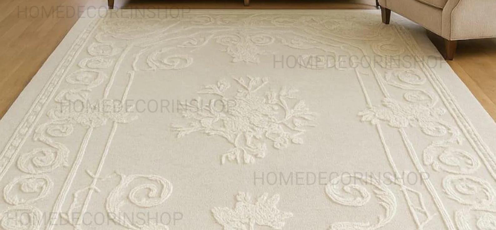 Elegant Ivory Floral Embossed Hand Tufted Area Rug – Classic Neutral ...