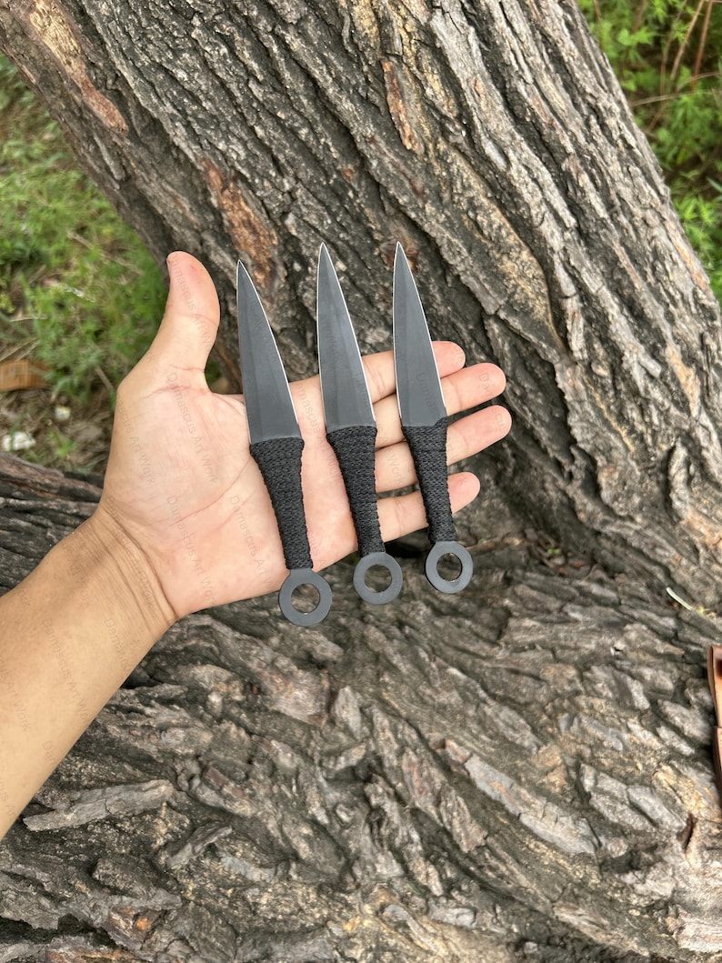 Set van 3 handgesmeed werpmes campinggereedschap jachtgereedschap Kunai ...