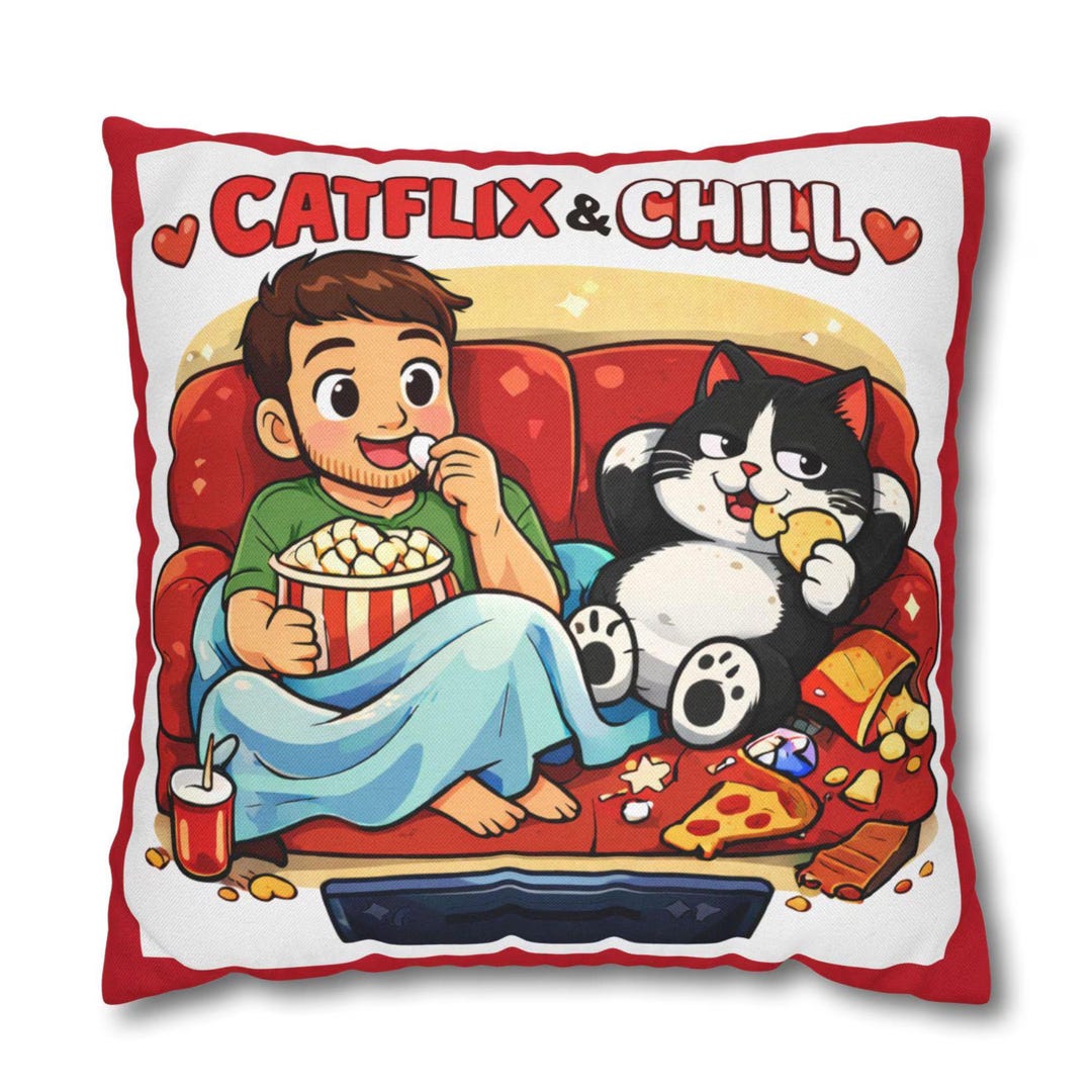 Catflix & Chill Cartoon Illustration Pillowcase | Square Decorative ...