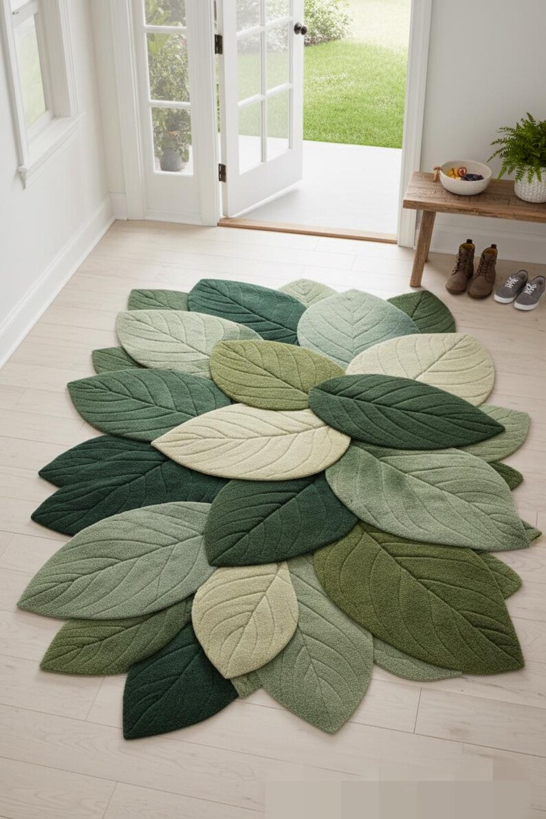 Hand Tufted Wool Leaf Rug | Botanical Green Area Carpet - Etsy
