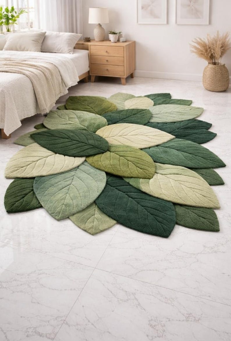 Green Leaf Hand Tufted Rug | Botanical Nature Area Carpet | Modern ...