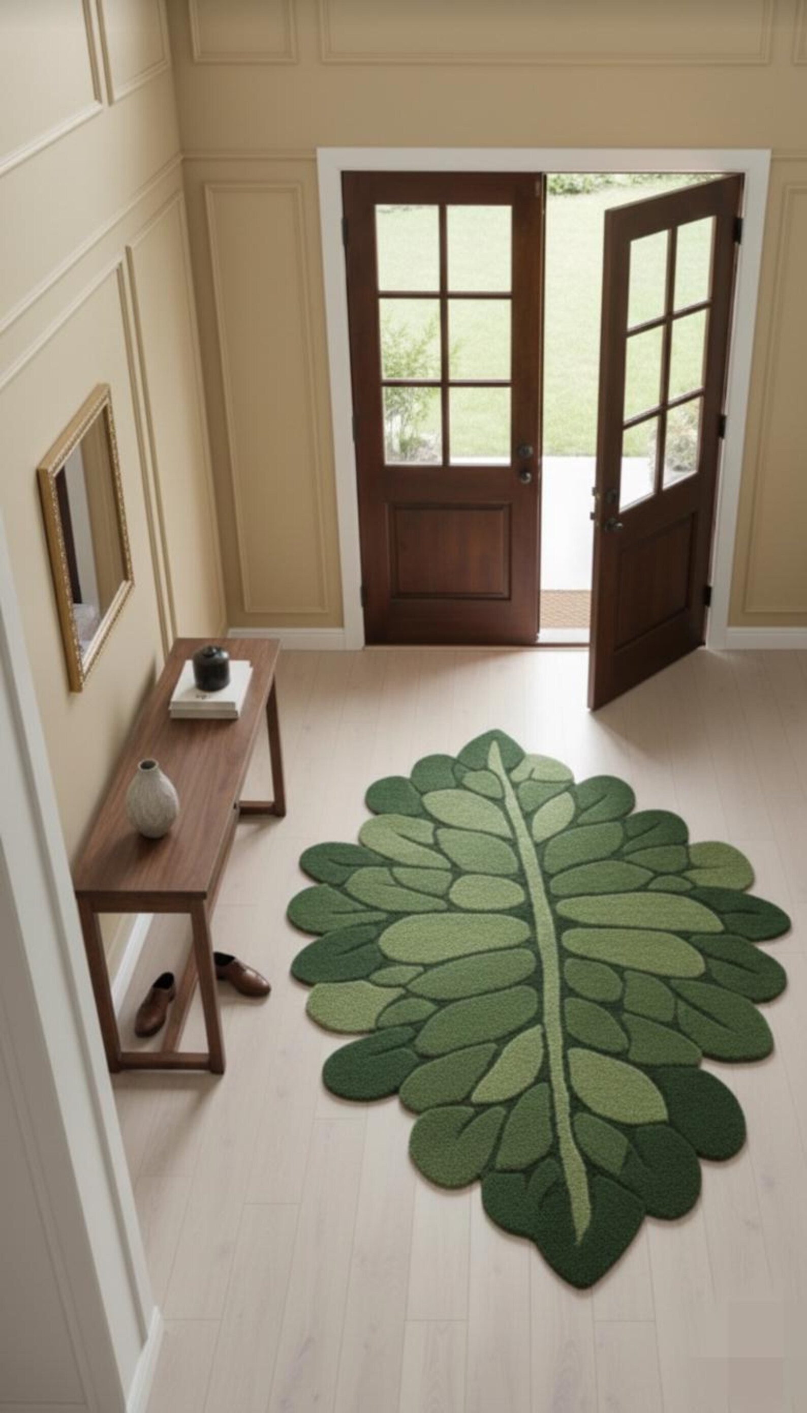 Green Leaf Shape Hand Tufted Rug, Botanical Nature Area Rug, Modern ...