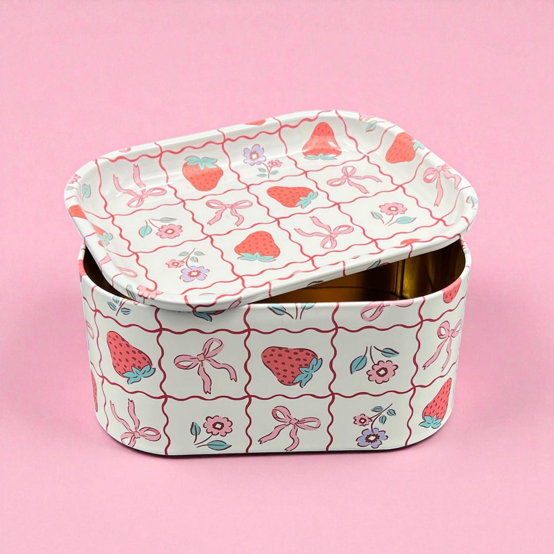 Strawberry Tin Storage Box With Tray Lid, Large Metal Stash Container ...