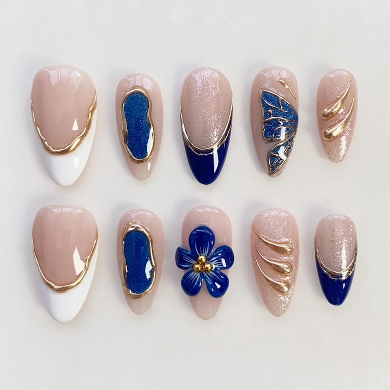 Fake Nails Navy Gold - Etsy