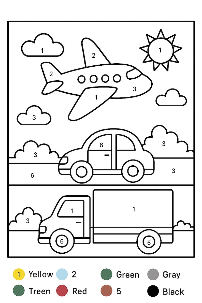 Vehicles Color-by-number Coloring Page - Etsy
