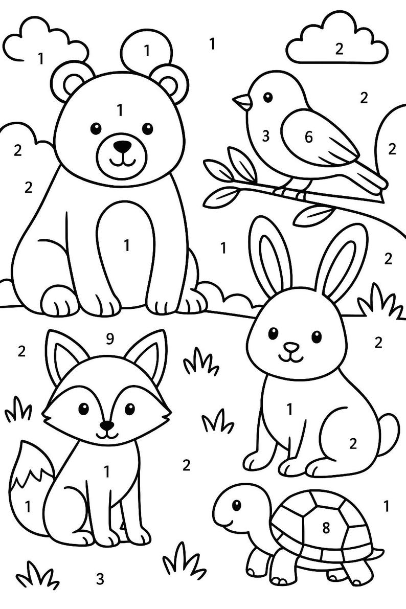 Color by Number Forest Animals for Kids - Etsy