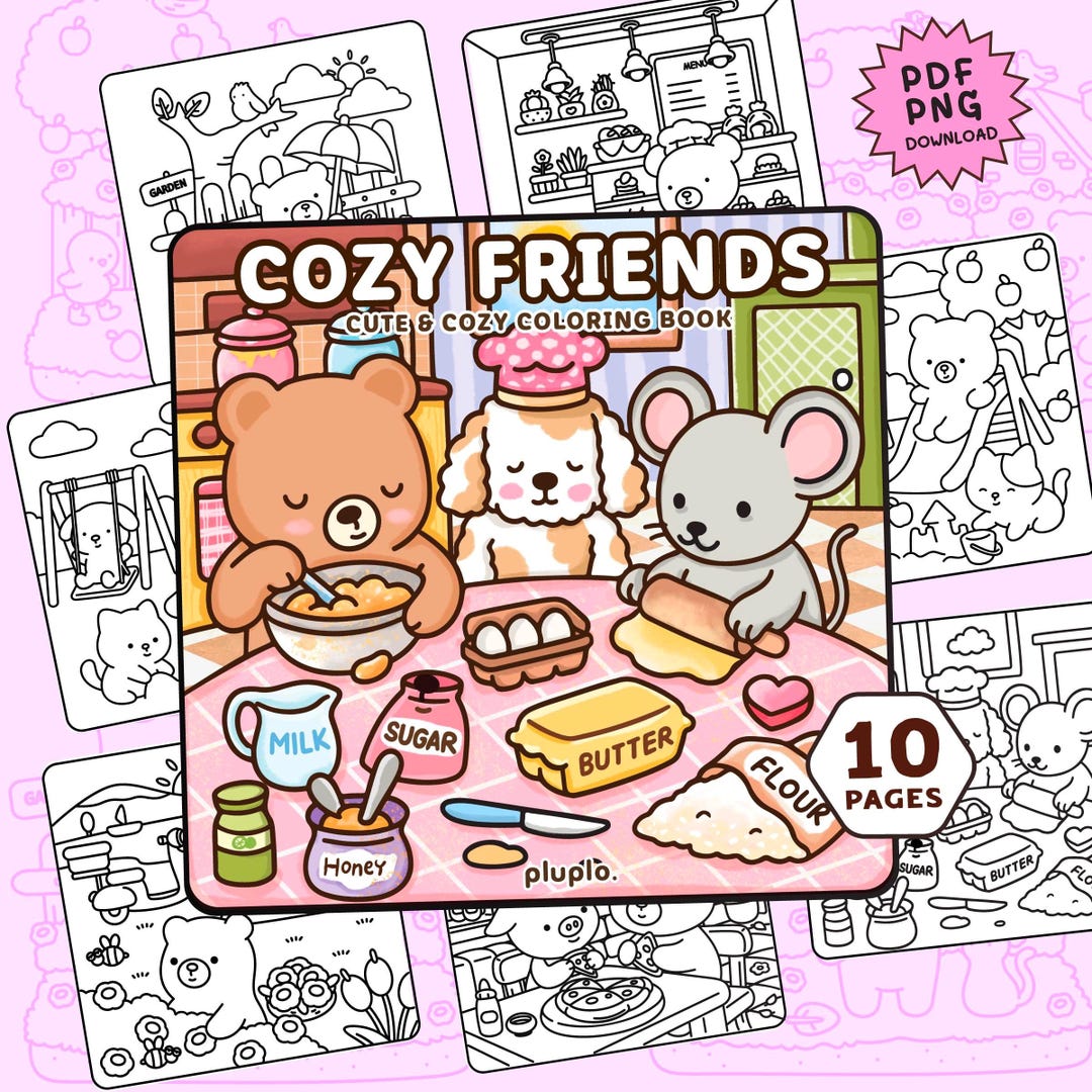 Cozy Friends Coloring Book, 10 Printable Pages (PDF & PNG) - Etsy