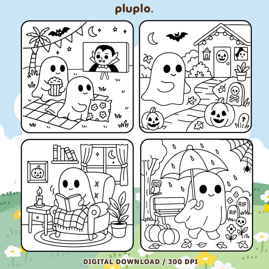 Spooky Cute Coloring Pages PDF PNG - 10 Cozy and Comfy Halloween ...