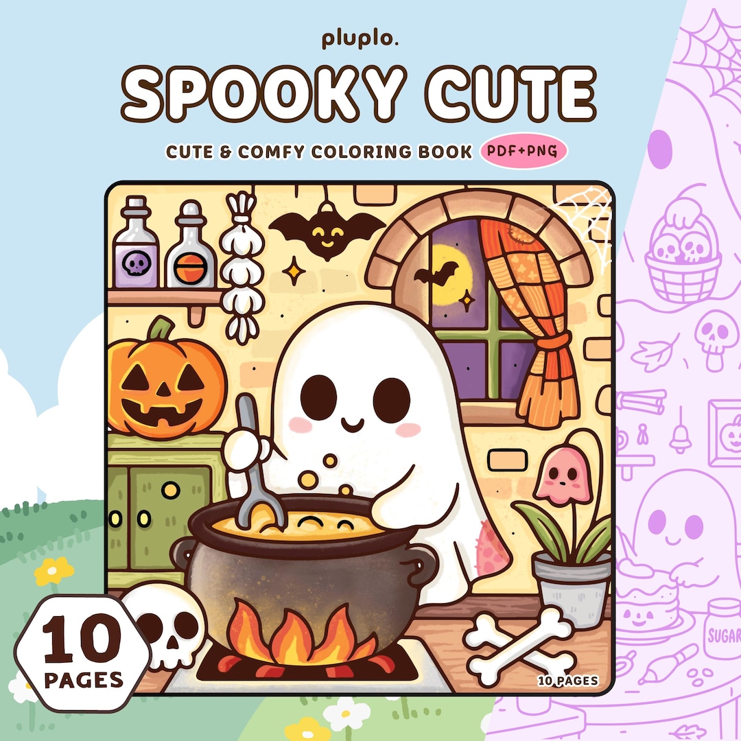 Spooky Cute Coloring Pages PDF PNG - 10 Cozy and Comfy Halloween ...