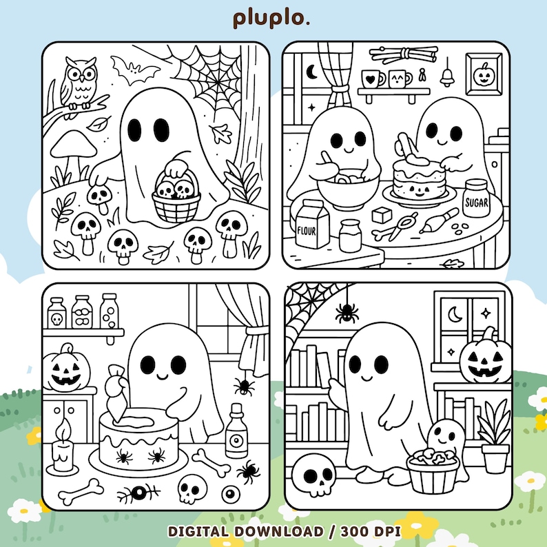 Spooky Cute Coloring Pages PDF PNG - 10 Cozy and Comfy Halloween ...
