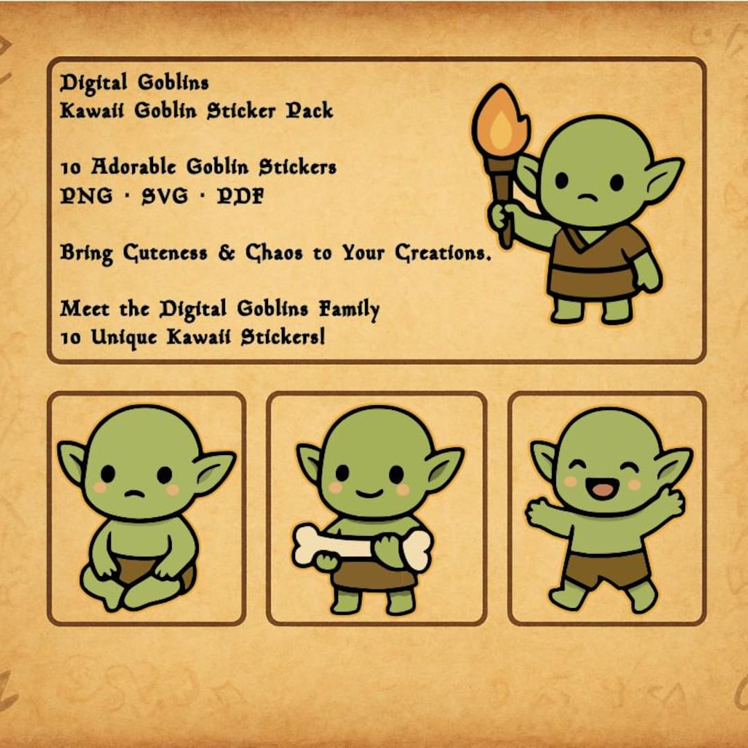 Kawaii Goblin Stickers Pack | 10 Cute Fantasy Goblins · PNG SVG PDF ...