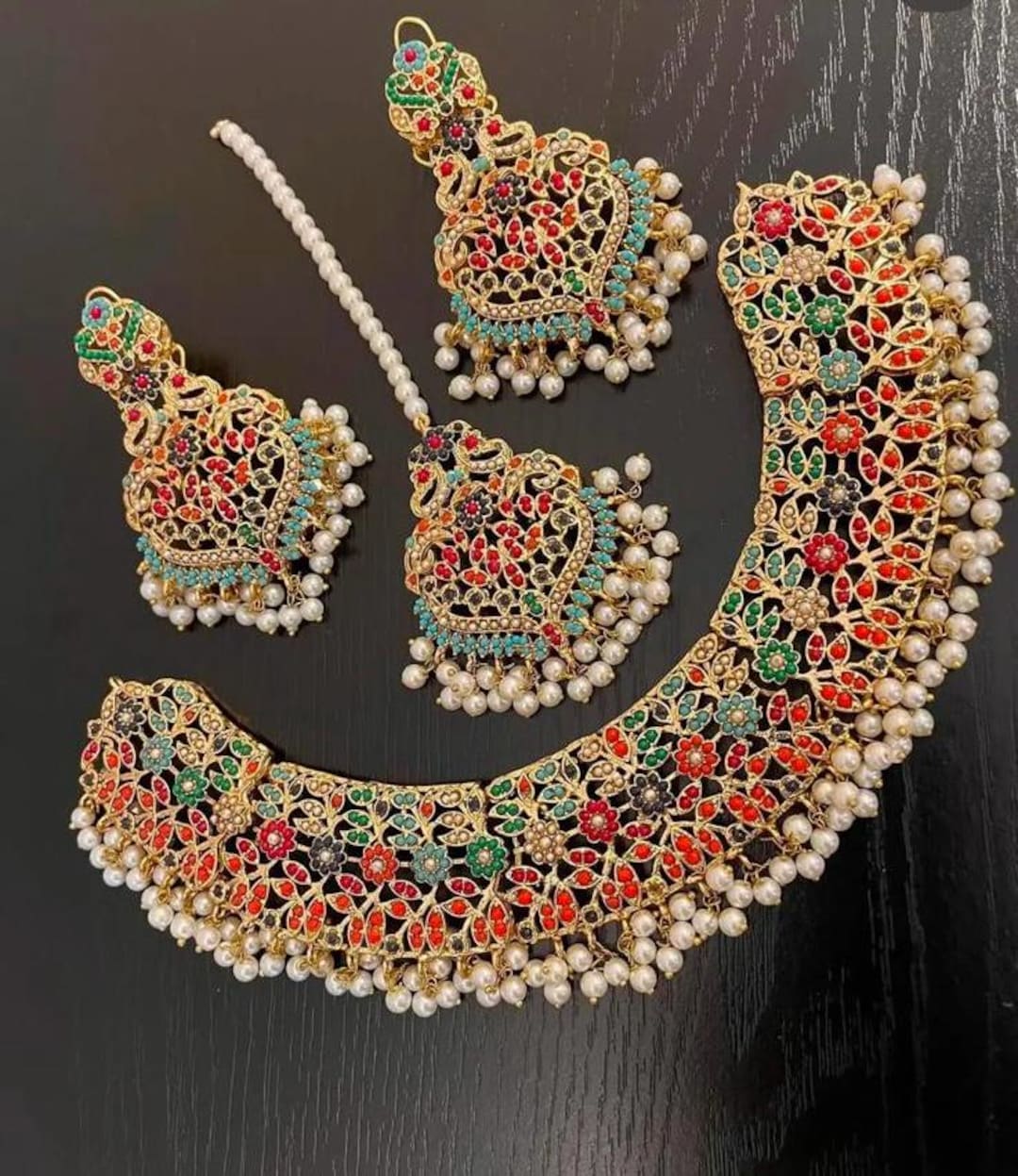 Nauratan Gold Plated Bridal Jewelry Set With Maang Teeka: Indian and ...