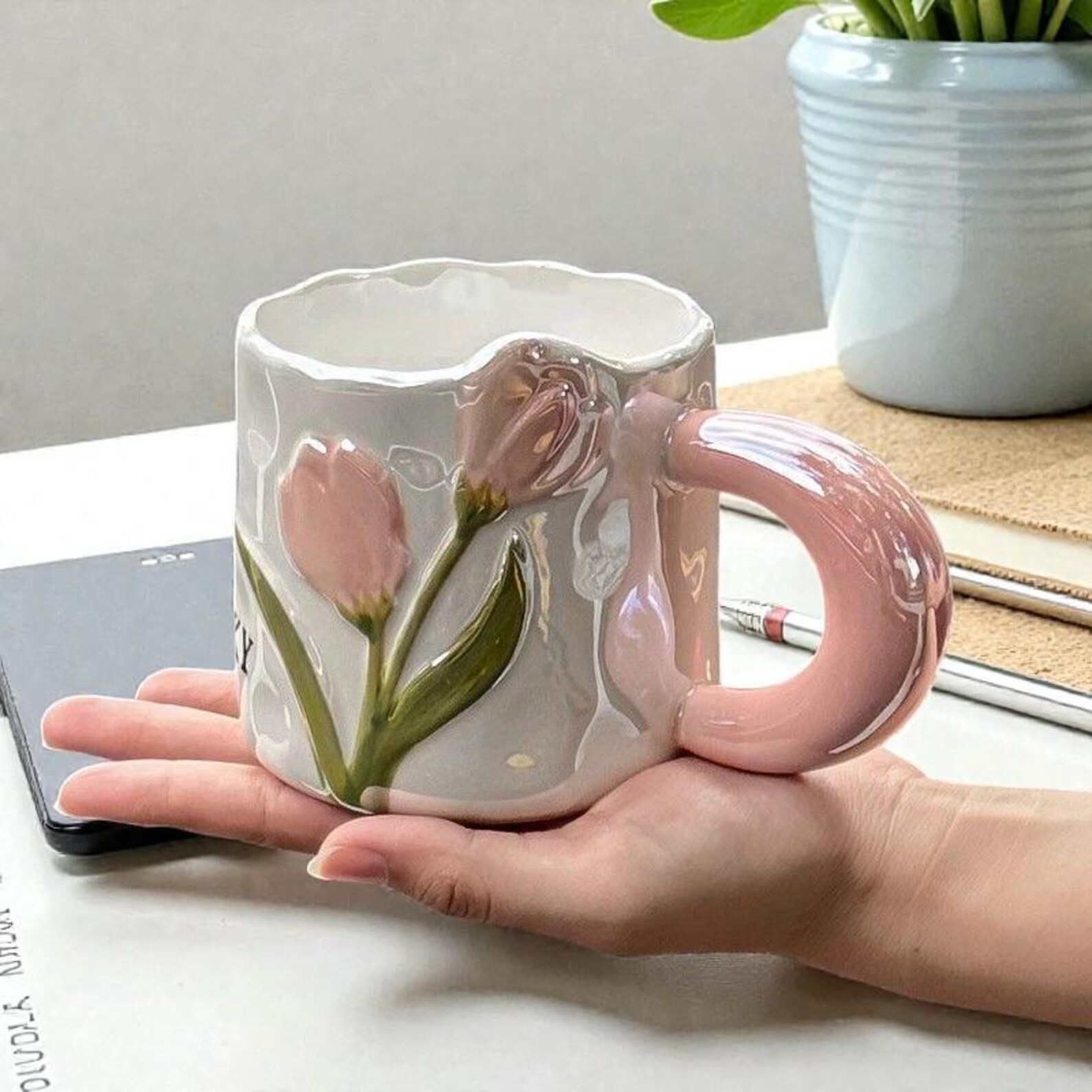 Hand Painted 3D Tulip & Rose Ceramic Mug, Floral Coffee Cup for Best ...