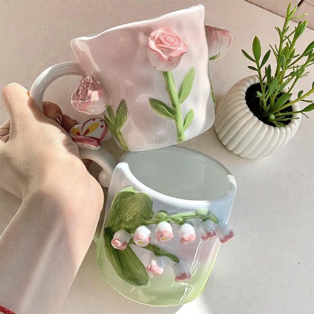 Hand Painted 3D Tulip & Rose Ceramic Mug, Floral Coffee Cup for Best ...
