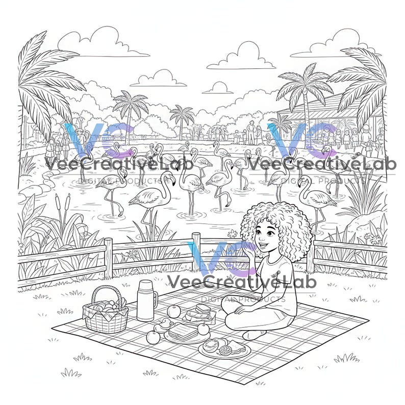 African American Girl Zoo Coloring Page Black Woman Line Art | Digital ...