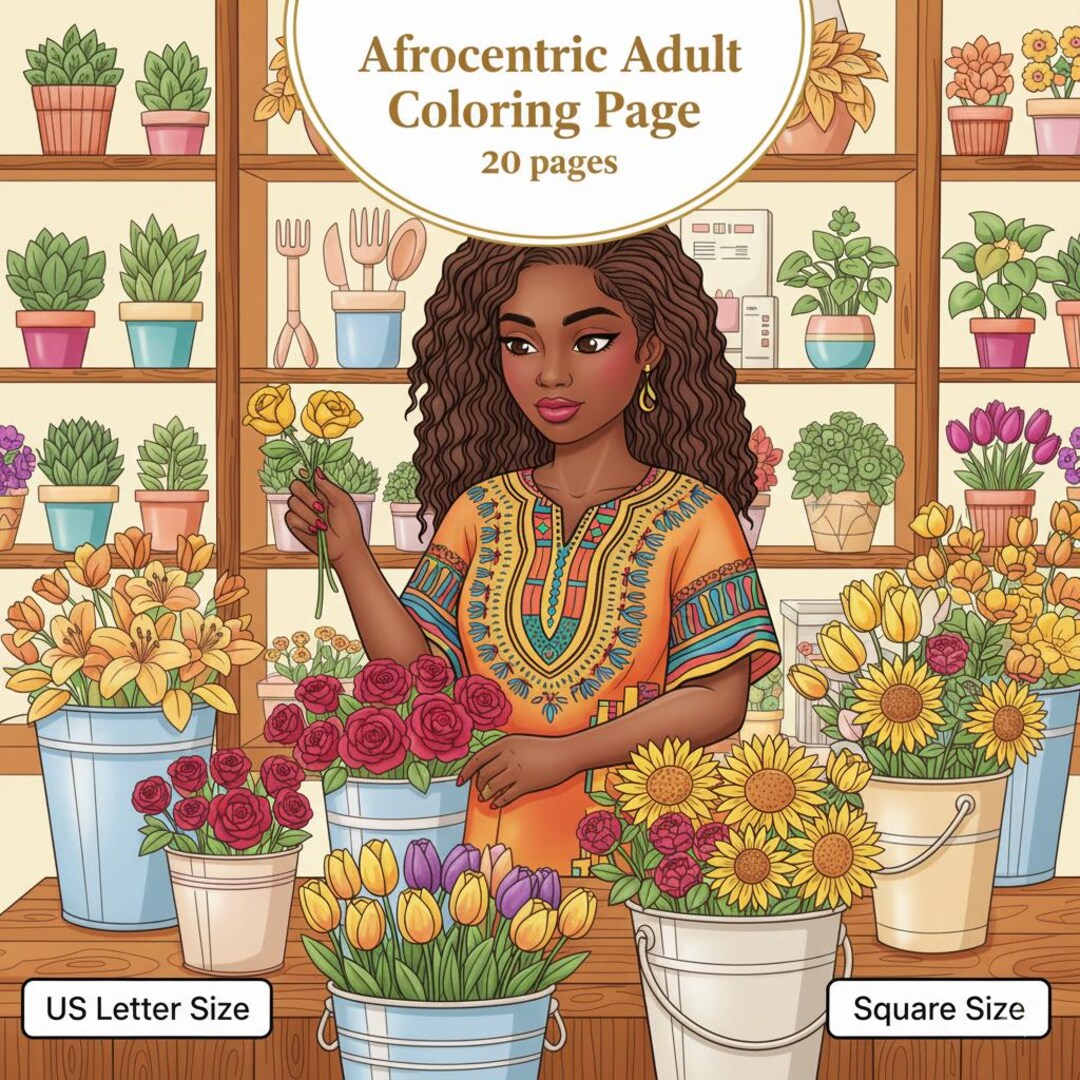 Afrocentric Adult Coloring Page Dashiki Black Woman Flower Shop Line ...