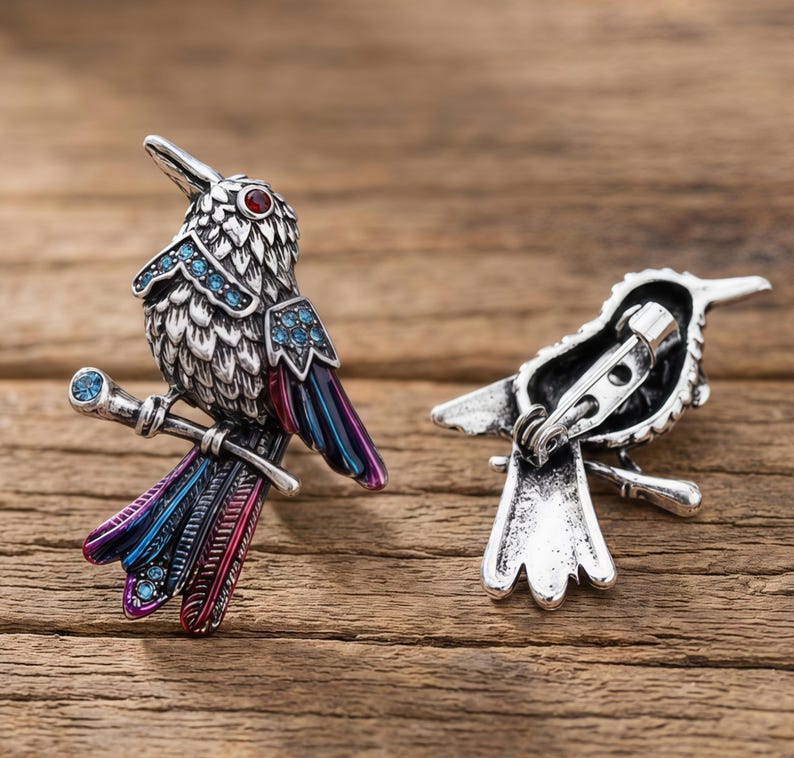 Vintage-style Silver Bird Brooch, Blue Crystal Hummingbird Pin, Small ...