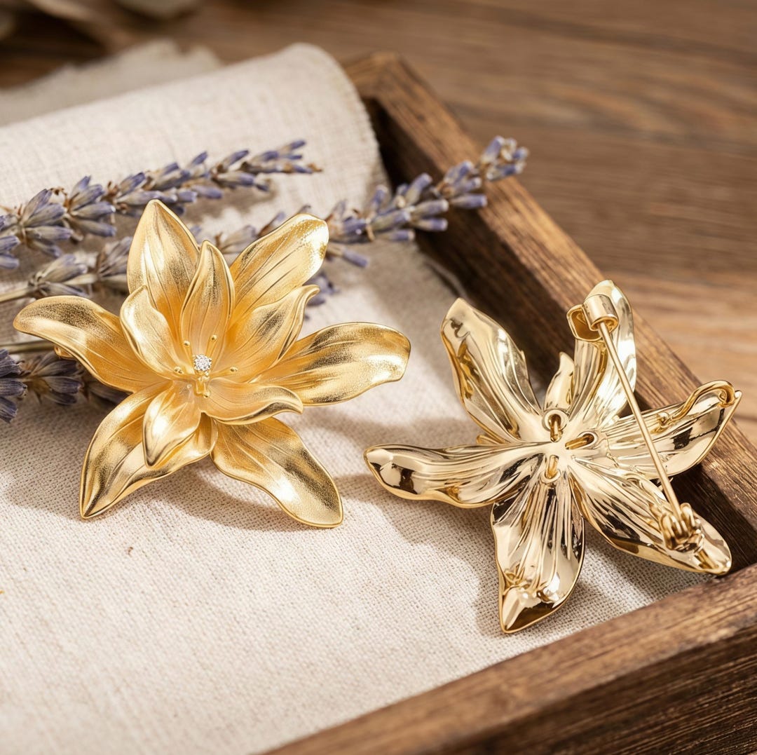 Matte Gold Lily Brooch, Rhinestone Flower Lapel Pin - Etsy