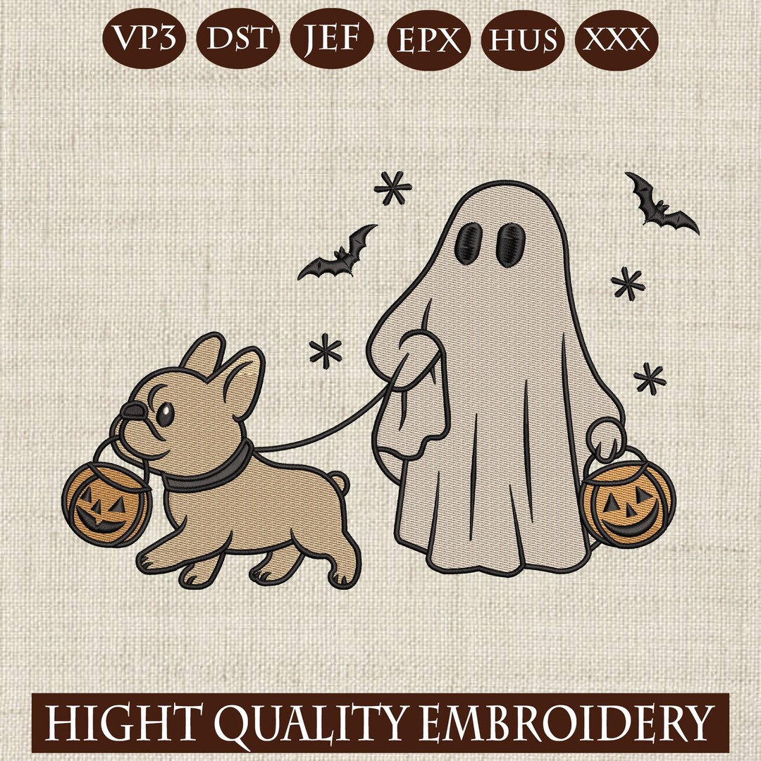 Halloween Dog Ghost Embroidery Design, Cute Bulldog Machine Embroidery ...