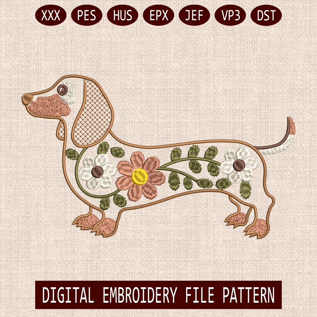 Dachshund With Floral Embroidery , Dog Embroidery Pattern, Cute Dog ...