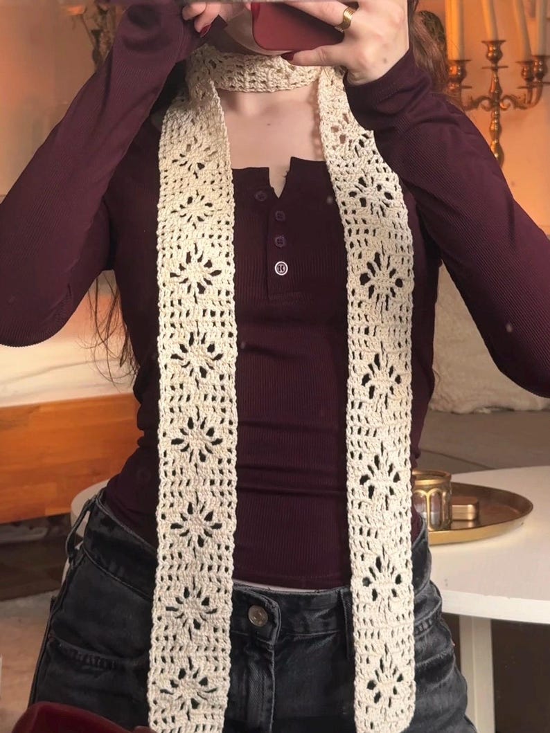 CROCHET SCARF Pattern | Flower Lace Skinny Scarf PDF & Video Tutorial ...
