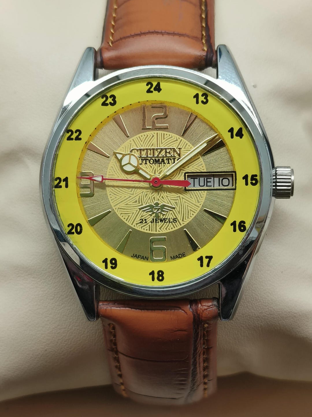Citizen Automatic Yellow Dial Day-date 21 Jewels Brown Strap Men's ...