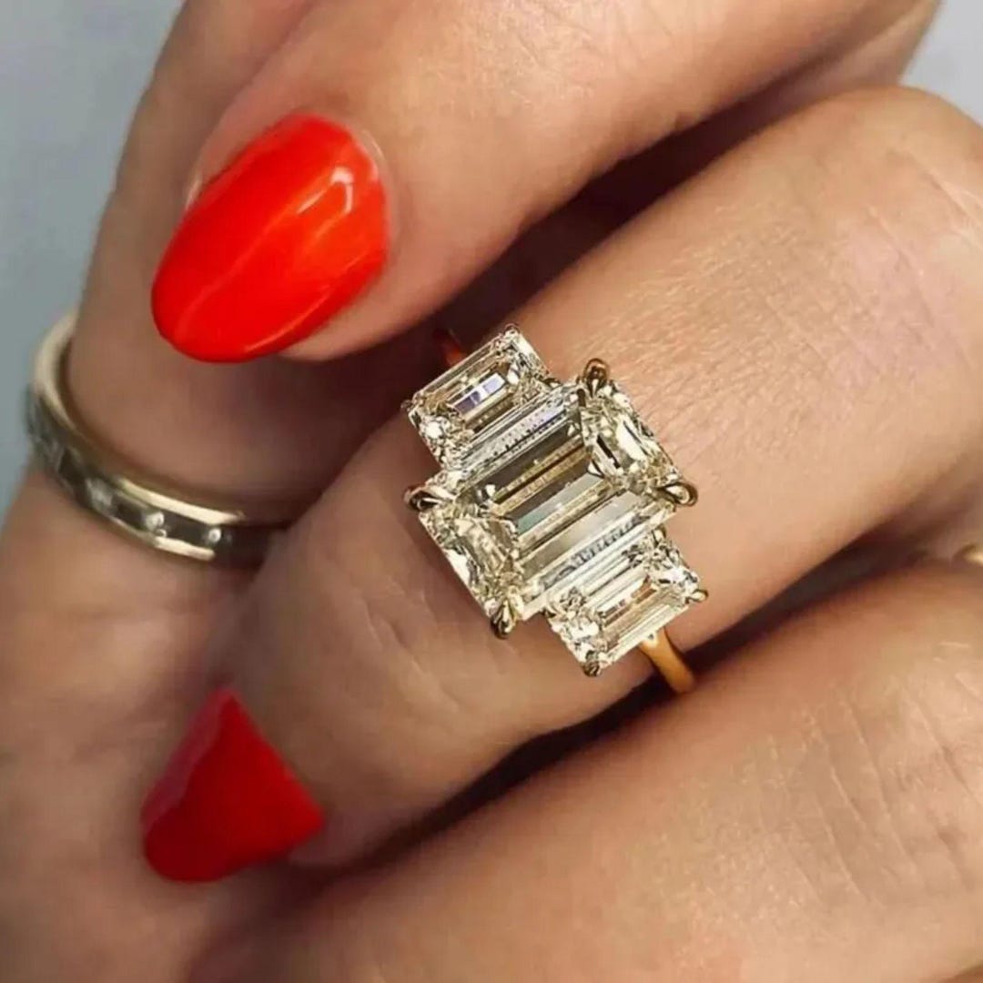 4 CT Emerald Cut Three Stone Moissanite Engagement Ring, Emerald Side ...
