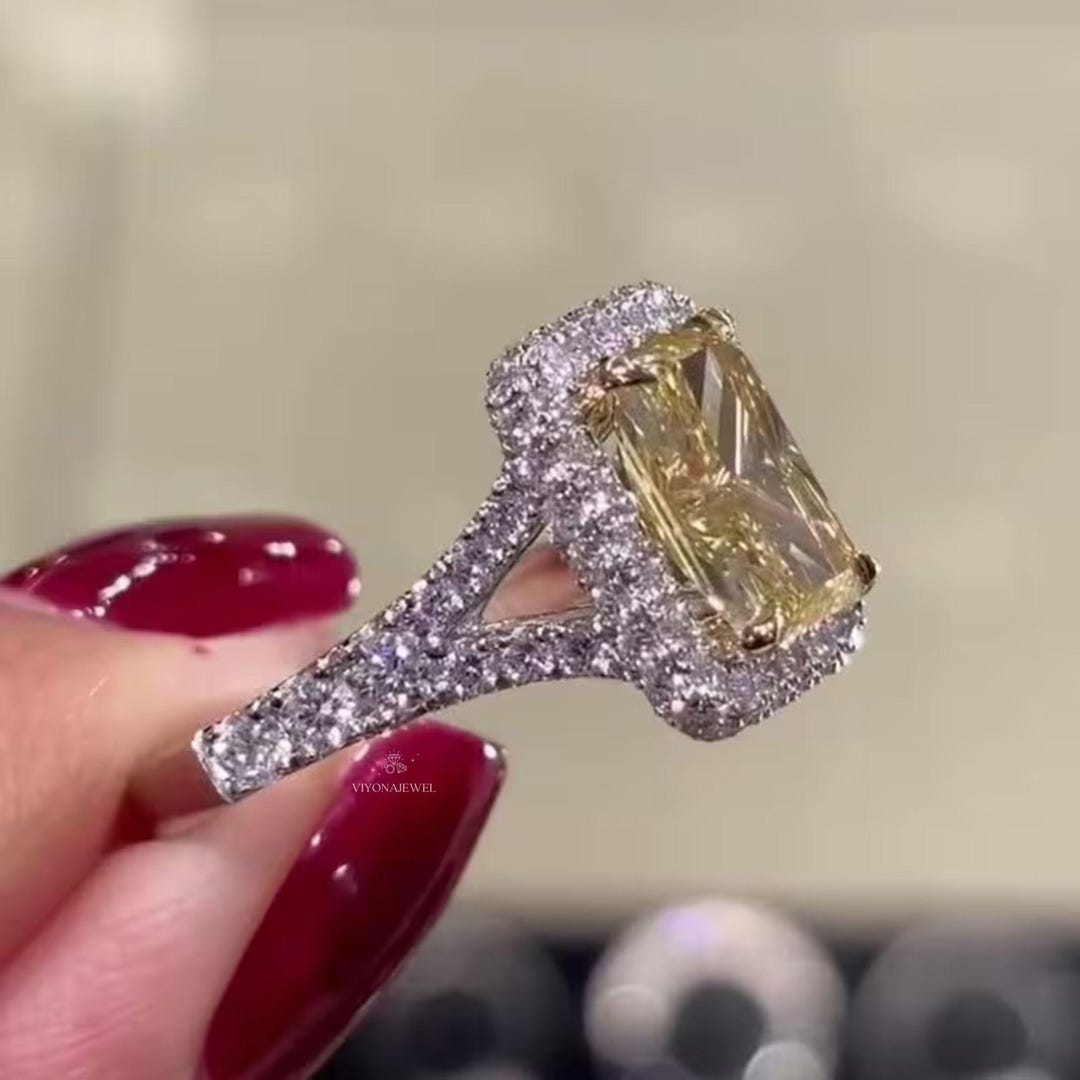 3 Ct Canary Yellow Radiant Lab Diamond Engagement Ring, Halo Simulant ...
