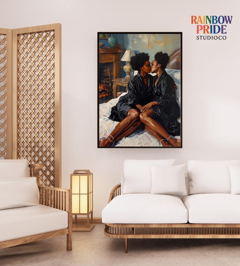 Lesbian Couple Wall Art Fireside Serenity” Romantic Bipoc Sapphic