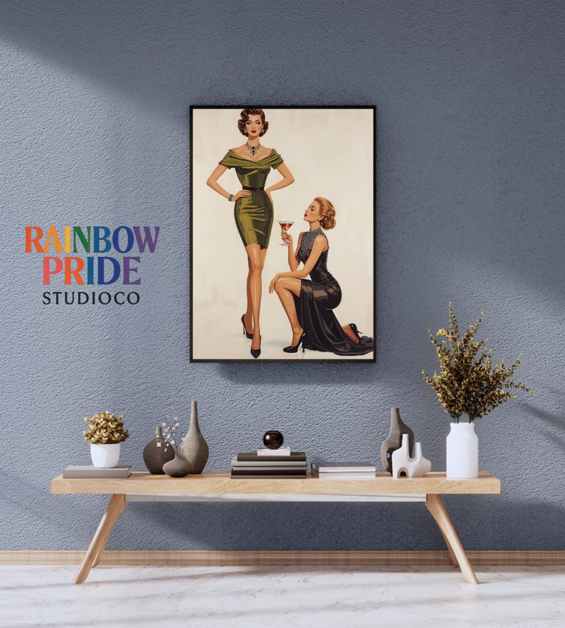 Lesbian Pulp Pin Up Art Retro Wlw Cocktail Poster Sapphic Vintage